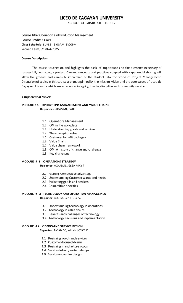 Operation & Production Management Syllabus - Liceo de Cagayan