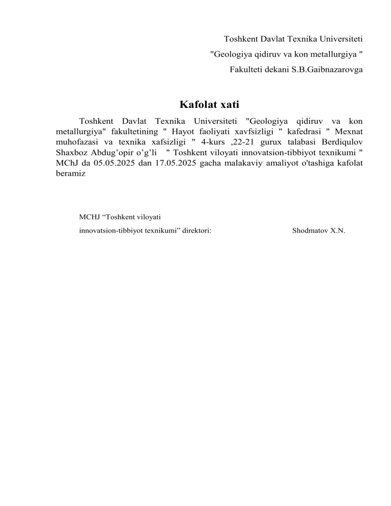 Kafolat xati: Toshkent tibbiyot kollejida talaba amaliyoti