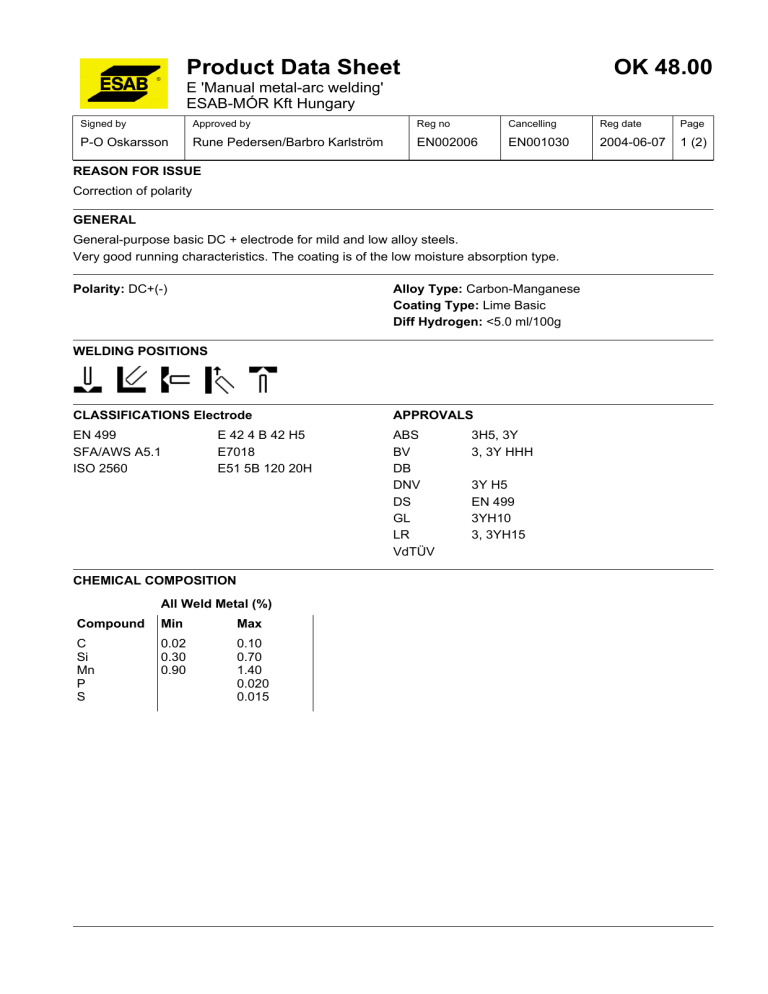 OK 48.00 Welding Electrode Data Sheet | ESAB