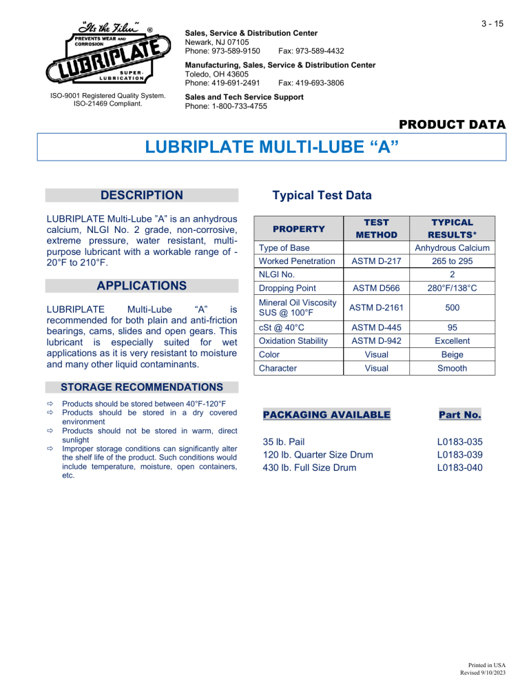 LUBRIPLATE Multi-Lube "A" Data Sheet | Lubricant Specs