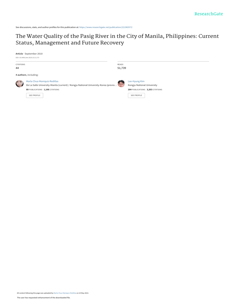 Pasig River Water Quality: Status, Management, Recovery