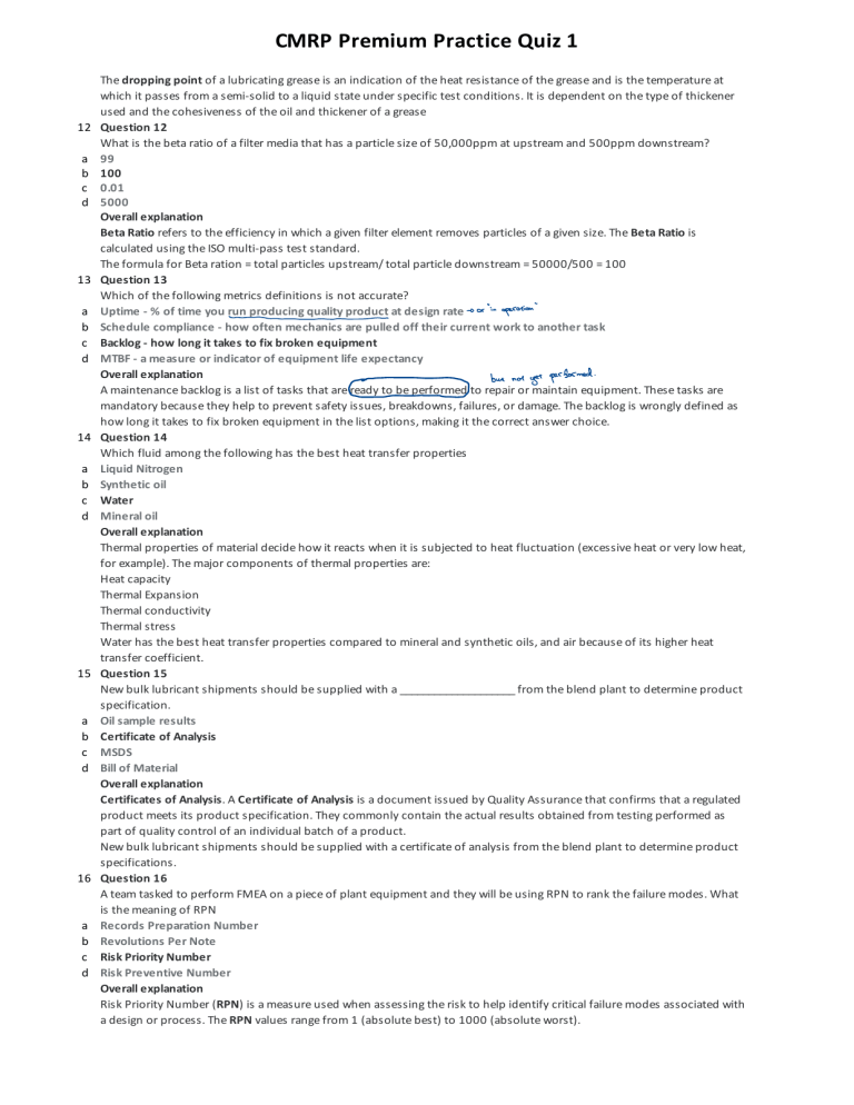 CMRP Practice Quiz: Maintenance & Reliability Questions