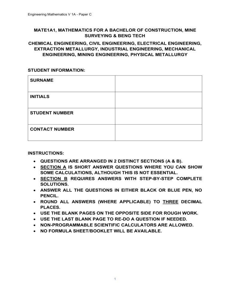 Engineering Mathematics Exam Paper - Paper C