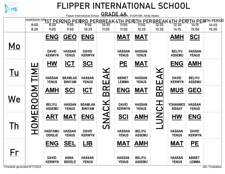 Flipper Int. School Grade 4 & 5 Timetable