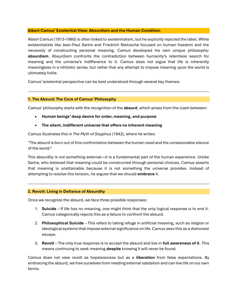 Camus' Absurdism: Existential View & Human Condition