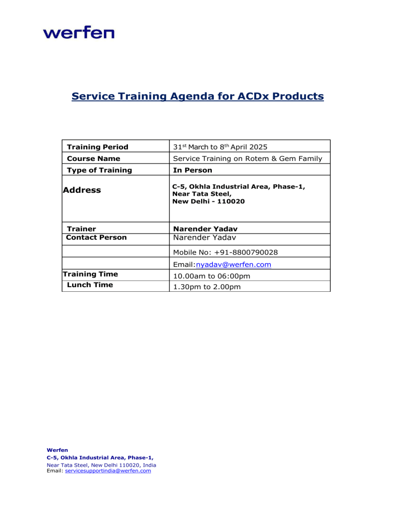 ACDx & LDx Service Training Agenda - Rotem, Gem, Haemostasis