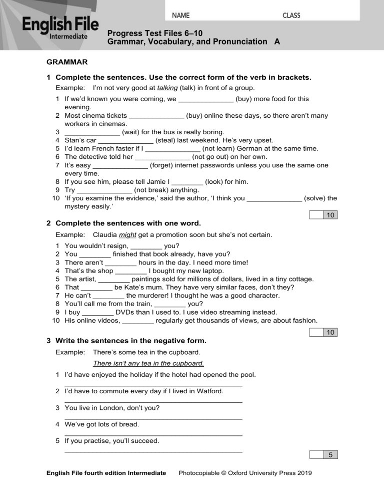 English Intermediate Test: Grammar, Vocab, Pronunciation