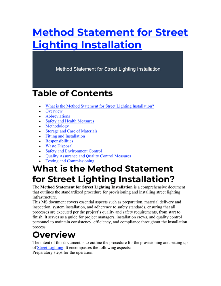 Street Lighting Installation Method Statement
