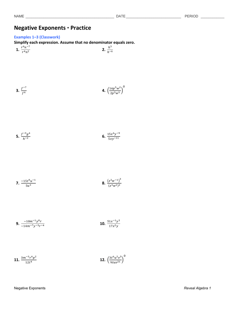 Negative Exponents Practice Worksheet