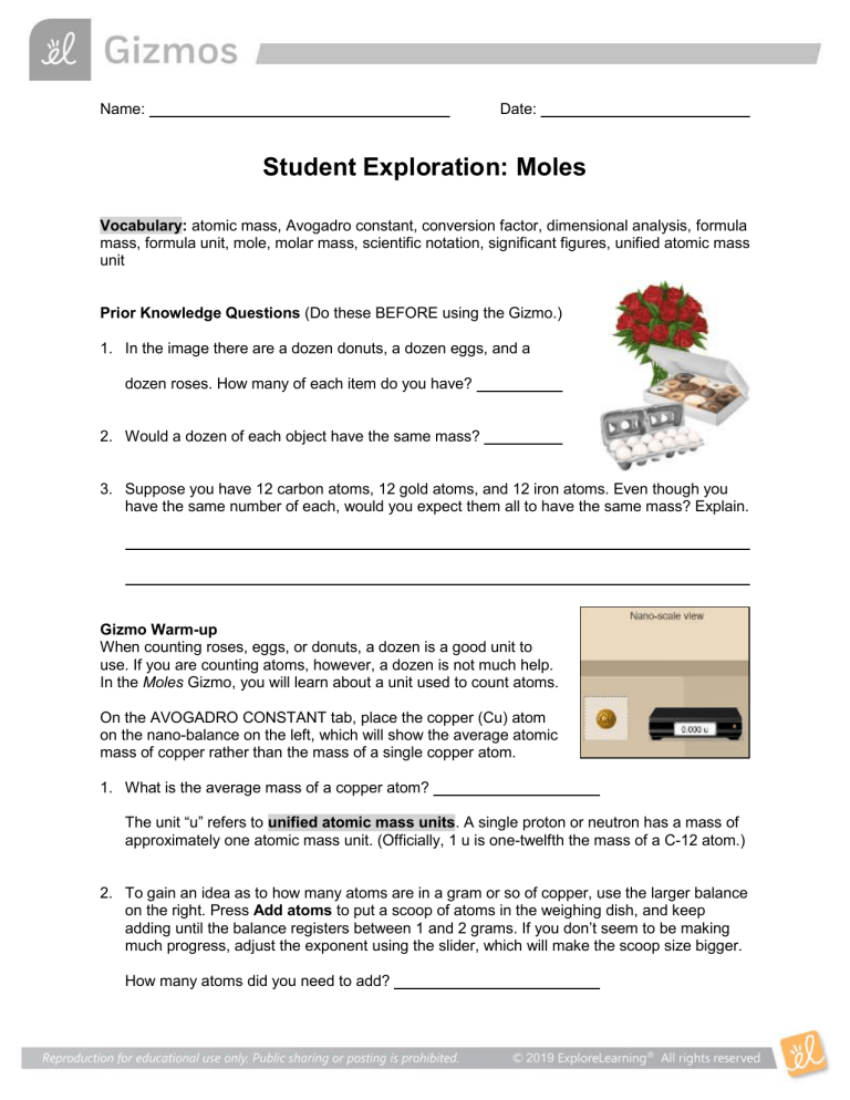 Moles: Student Exploration - Chemistry Concepts