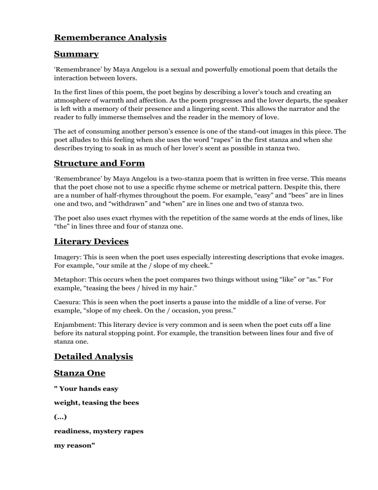 Maya Angelou's 'Remembrance' Poetry Analysis