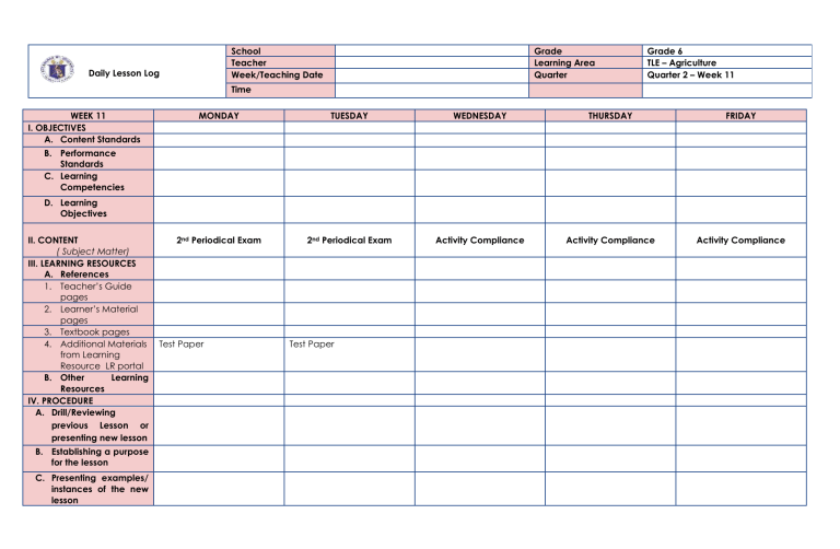 Grade 6 TLE-Agriculture Daily Lesson Log - Week 11