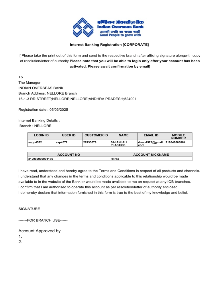 IOB Corporate Internet Banking Registration Form