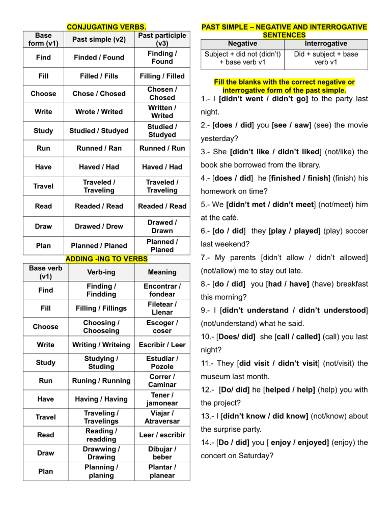 English Past Simple Verb Conjugation Worksheet