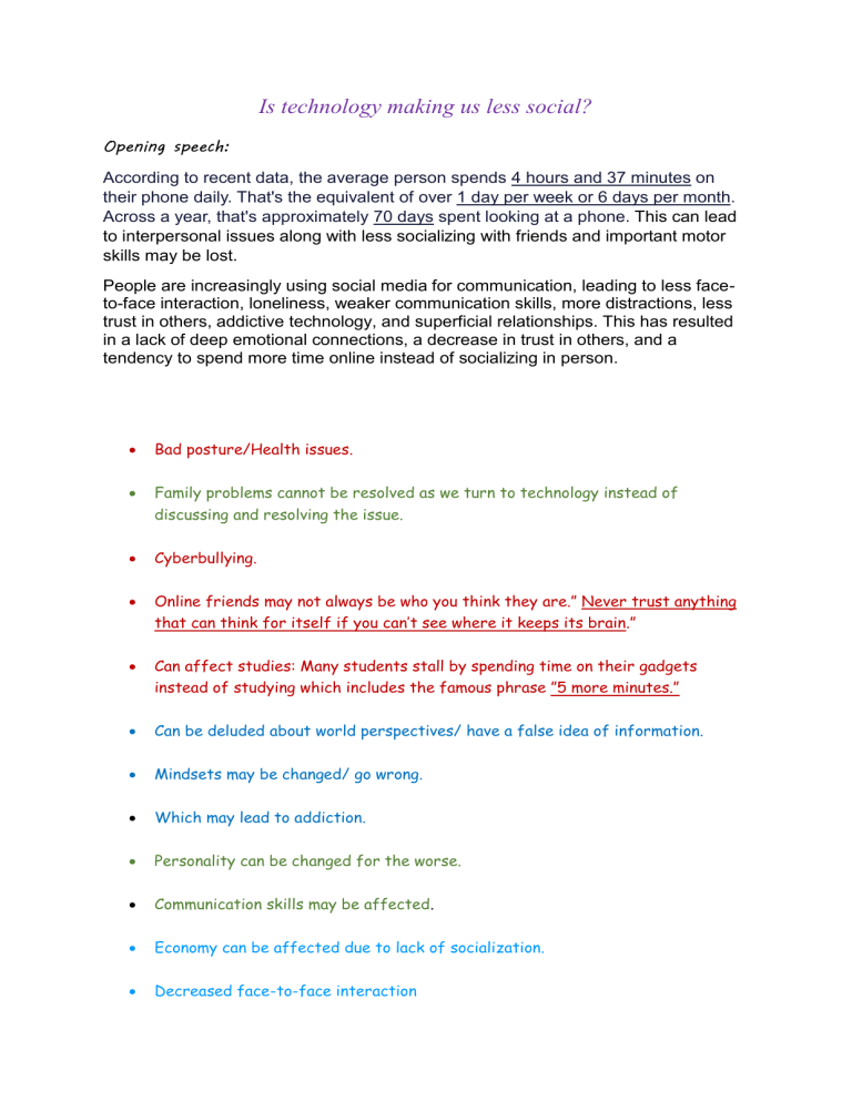 Is Technology Making Us Less Social? Impacts on Communication & Health