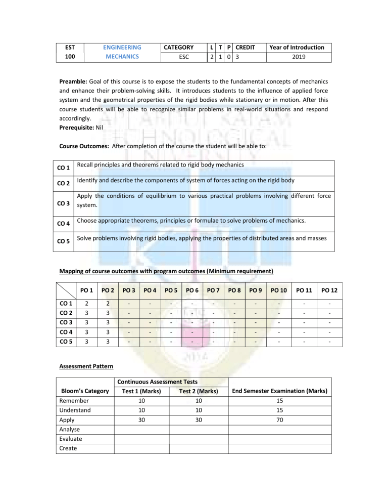 Engineering Mechanics Course Syllabus