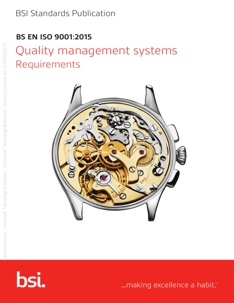 BS EN ISO 9001:2015 Quality Management Systems Requirements