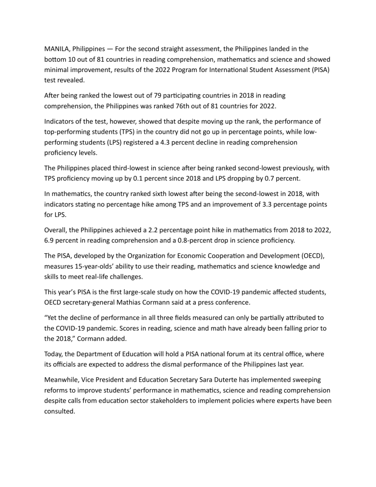 Philippines' PISA 2022 Results: Education Performance Analysis