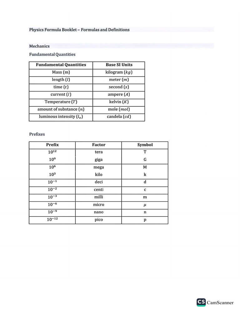 Physics Formulas: Mechanics, Units & Prefixes
