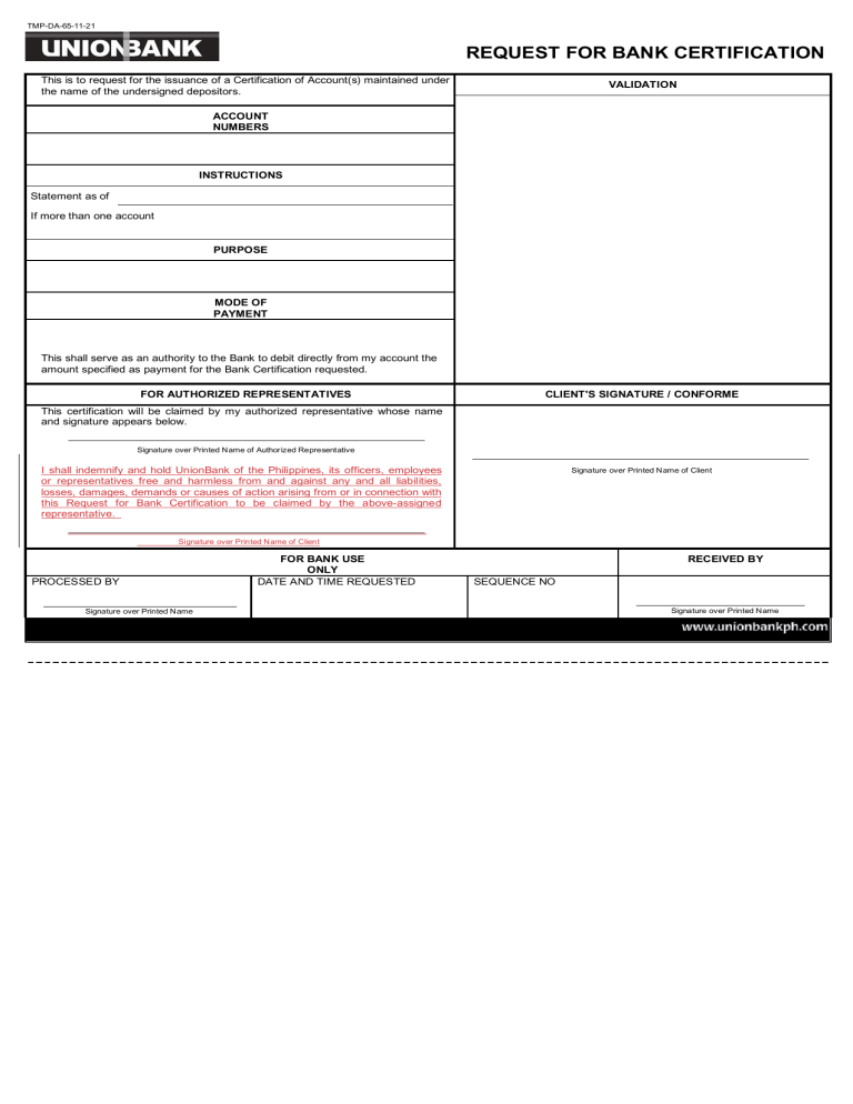 UnionBank Bank Certification Request Form