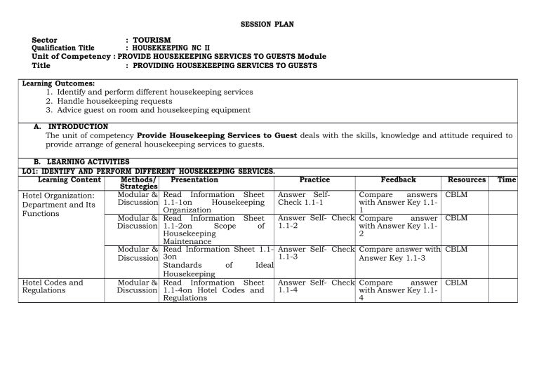 Housekeeping NC II Session Plan: Guest Services