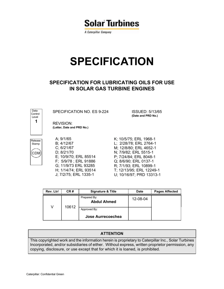 Solar Turbine Lubricating Oil Specification ES 9-224