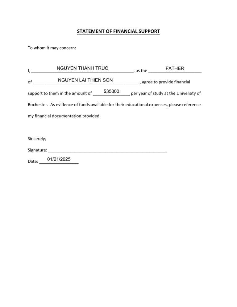 Financial Support Statement for University Study