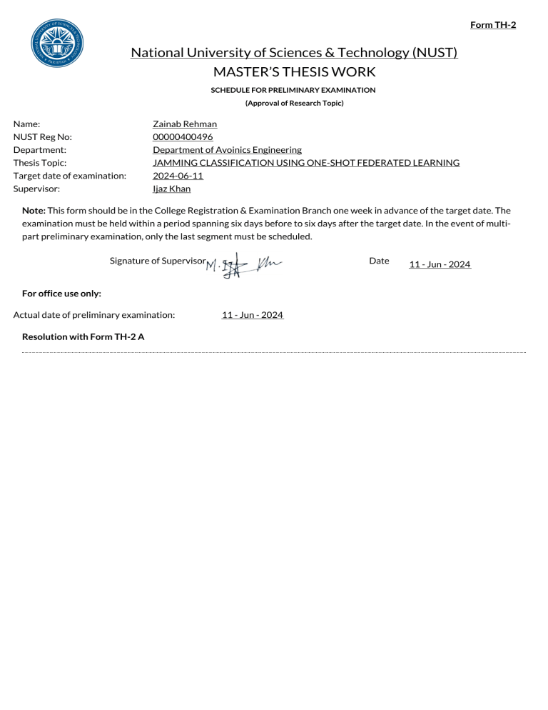 NUST Master's Thesis Preliminary Exam Schedule