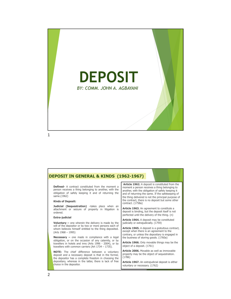Deposit: General Principles & Kinds (Law Presentation)