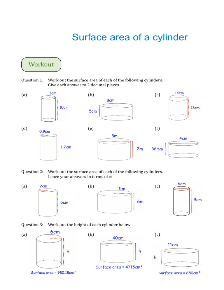 Surface Area of Cylinders Worksheet