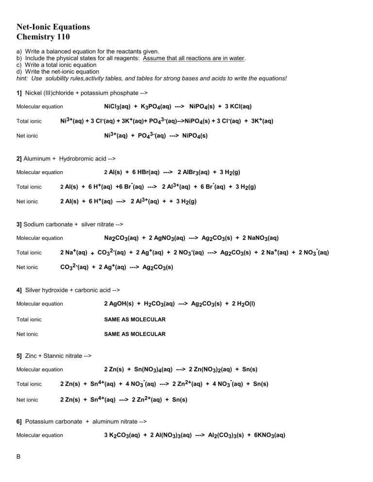 Net-Ionic Equations Chemistry Worksheet