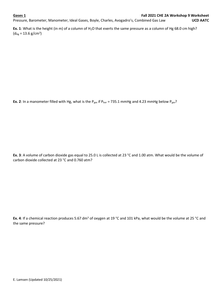 Gas Laws Worksheet: Pressure, Boyle's, Charles', Avogadro's