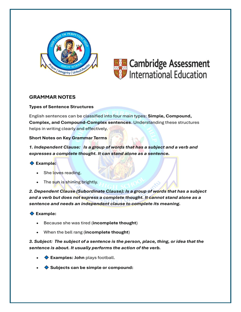 Sentence Structure Grammar Notes: Simple, Compound, Complex
