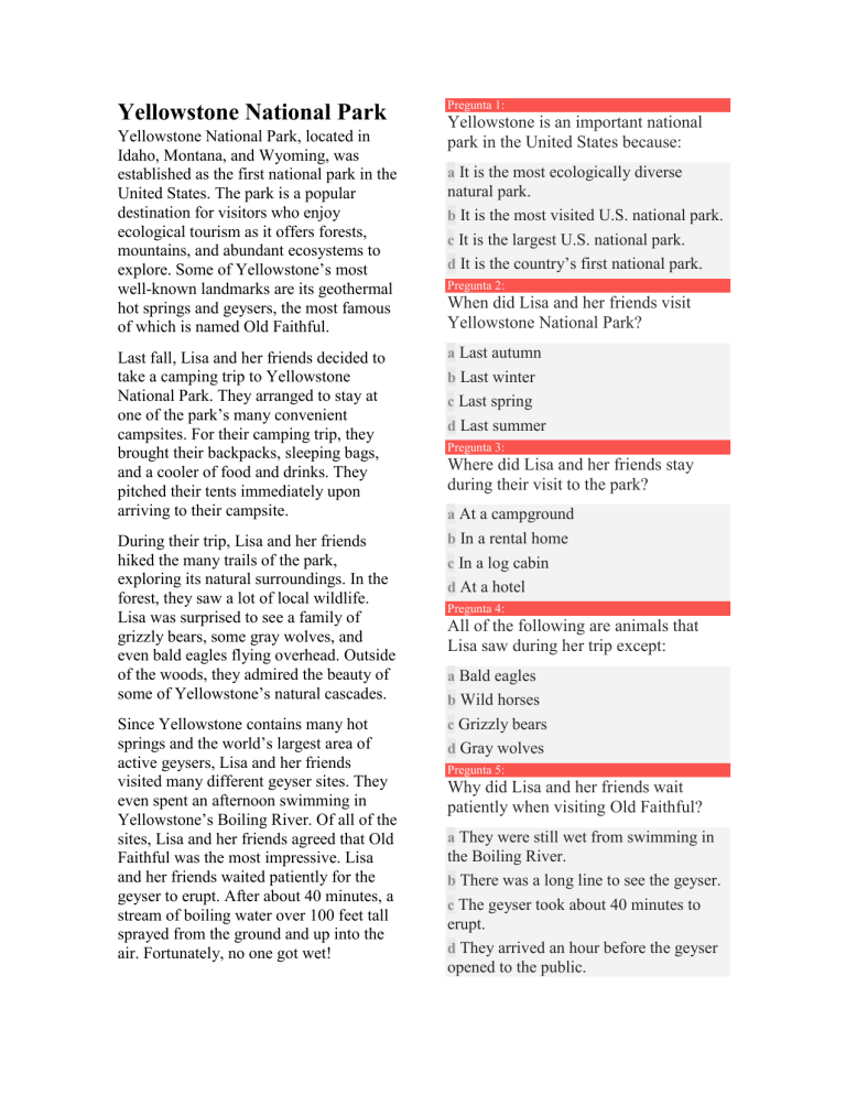 Yellowstone National Park Reading Comprehension Exercise