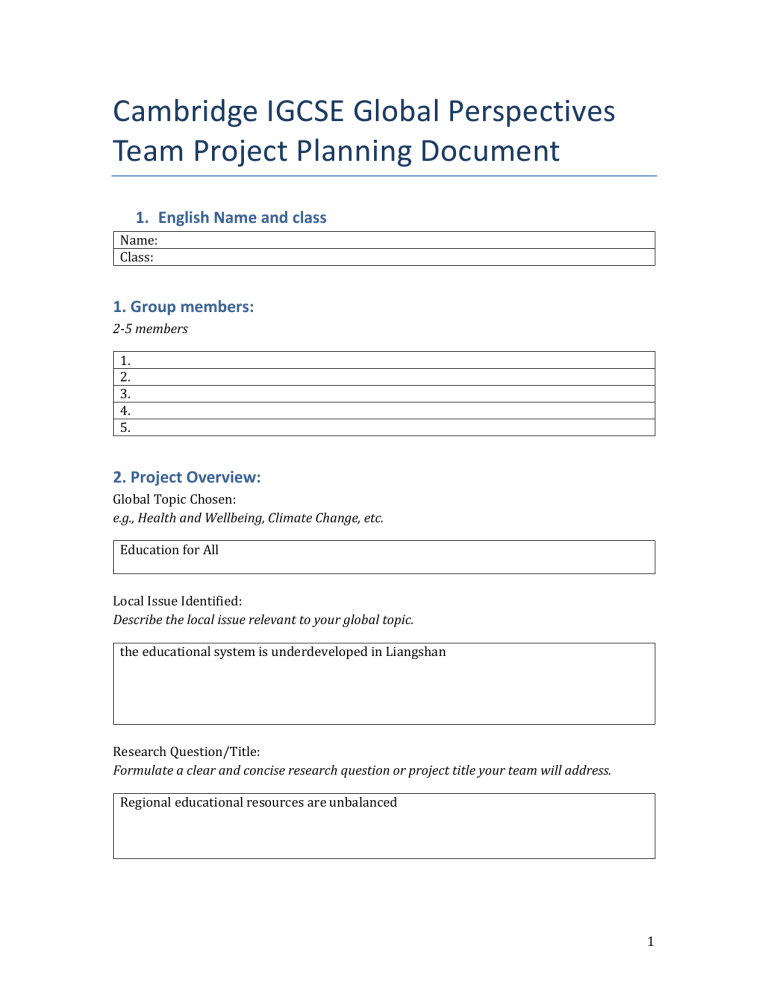 IGCSE Global Perspectives Project Plan: Education for All