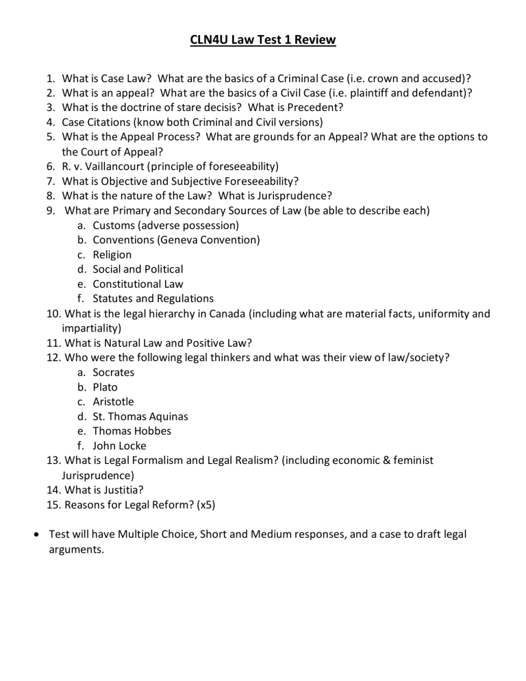 CLN4U Law Test 1 Review: Key Concepts & Legal Principles