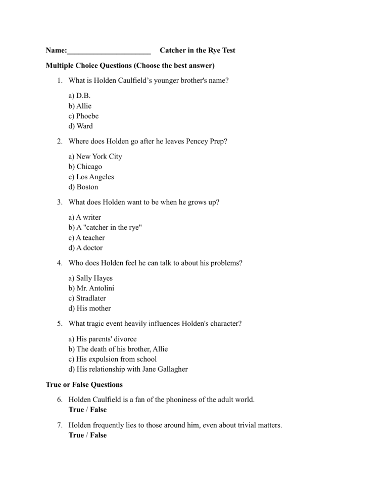 Catcher in the Rye Test: Comprehension Questions