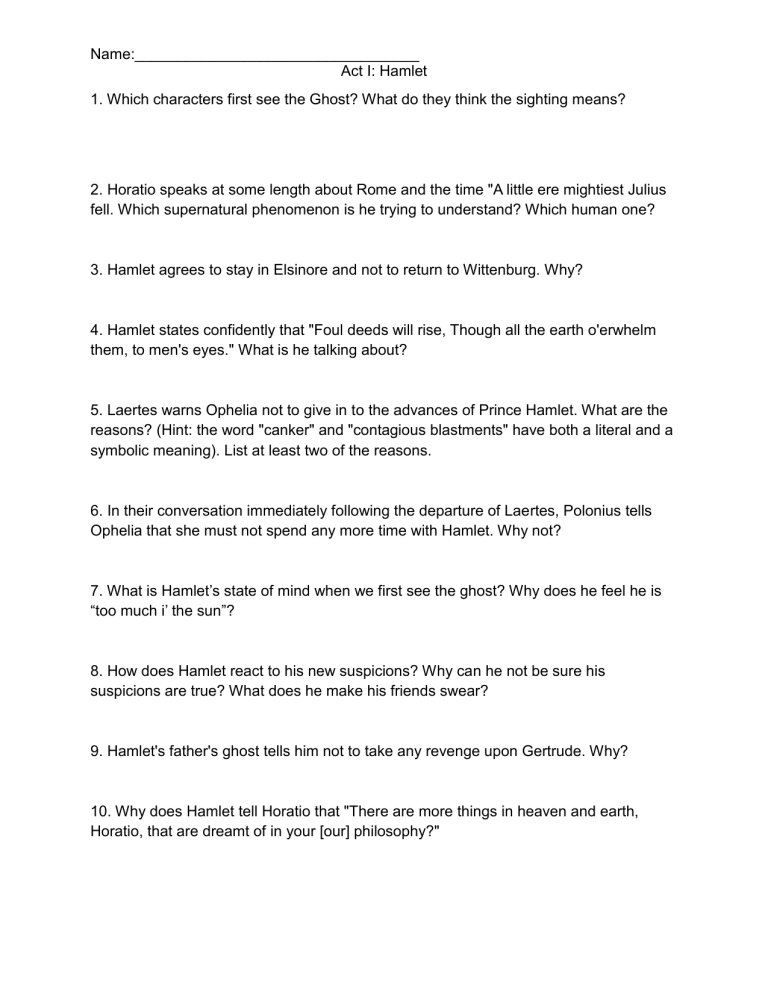 Hamlet Act I: Study Questions & Analysis