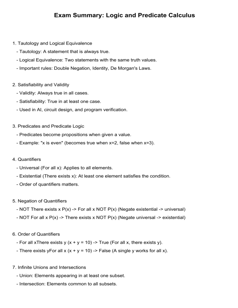 Logic and Predicate Calculus Exam Summary