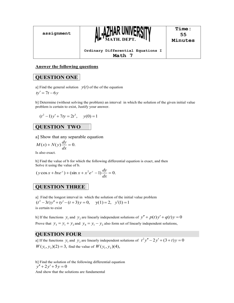 Ordinary Differential Equations Exam - Math 7