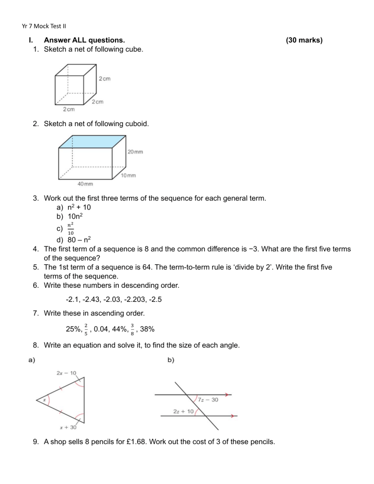 Year 7 Math Mock Test: Geometry, Algebra, Sequences