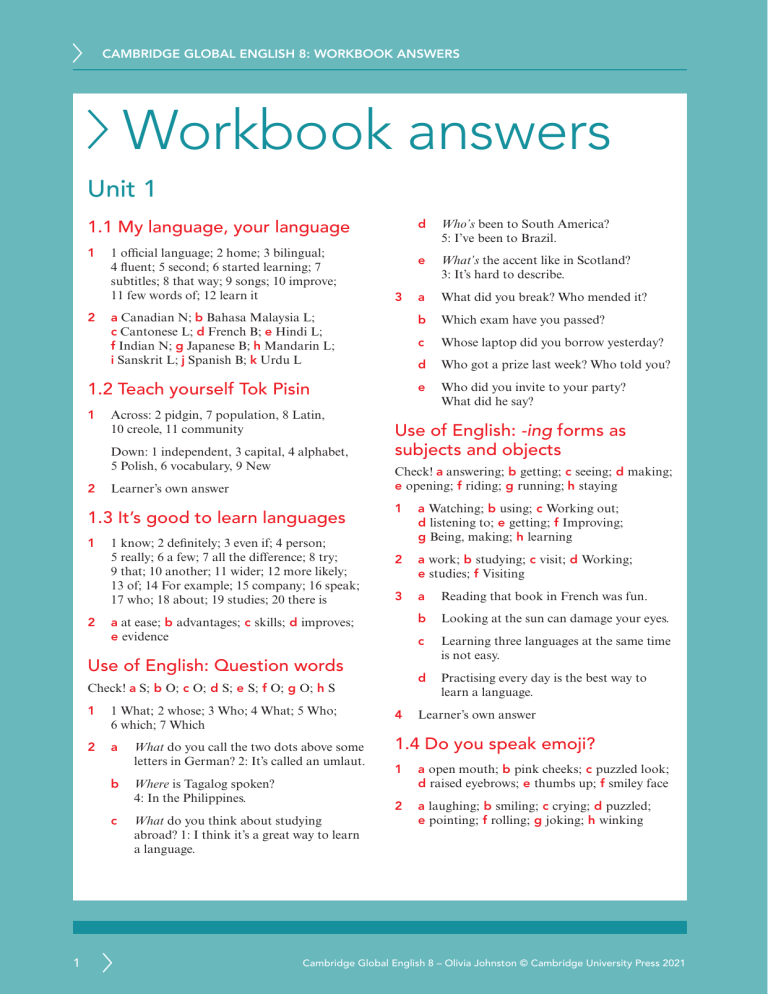 Cambridge Global English 8 Workbook Answers