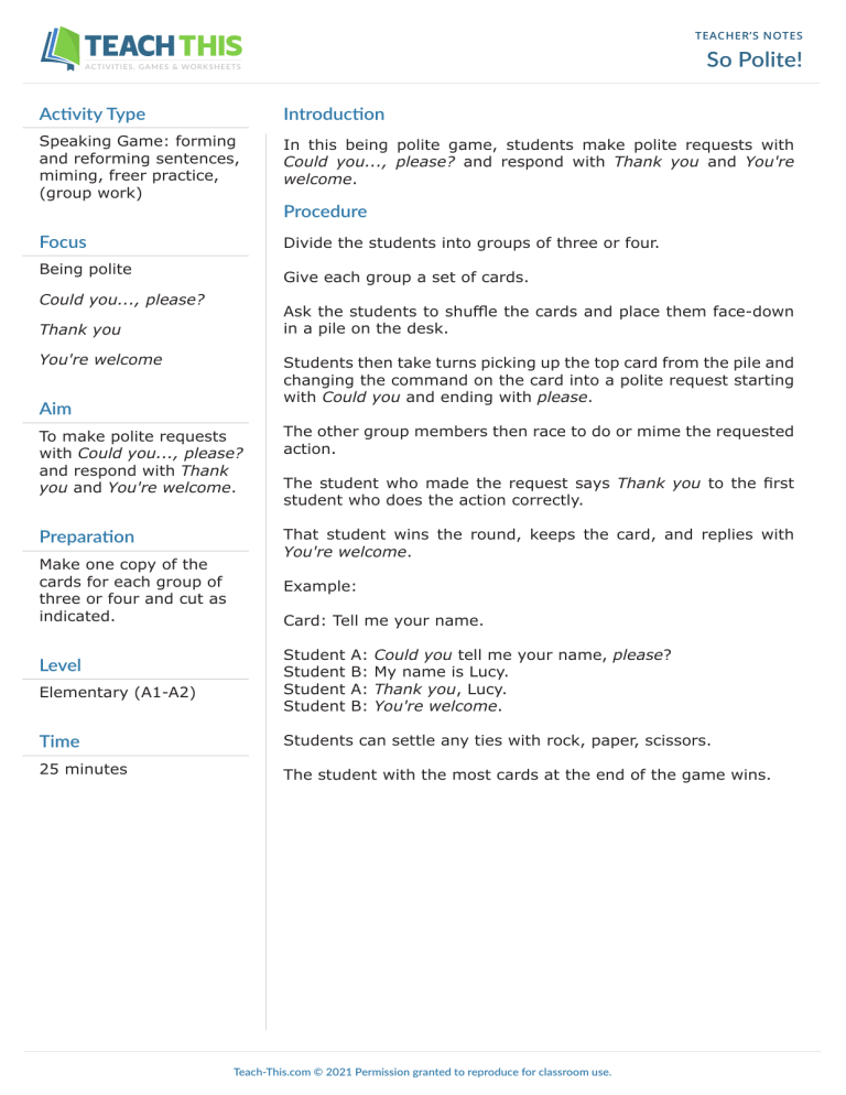 Polite Requests ESL Game: Could You Please?