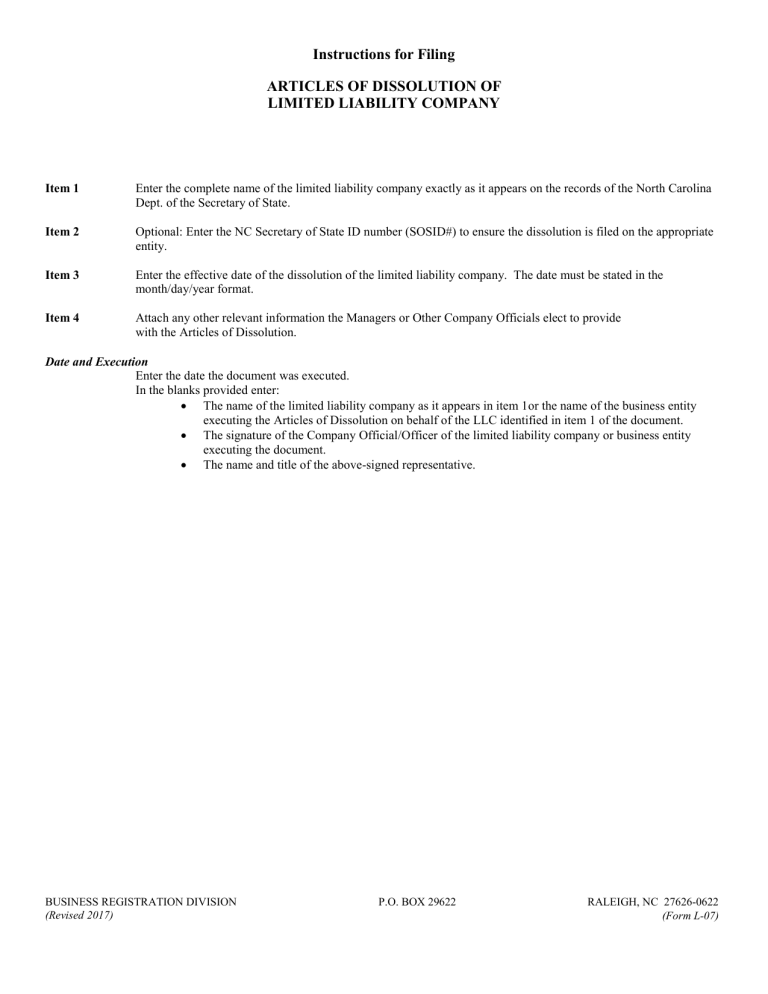 NC LLC Articles of Dissolution Form L-07
