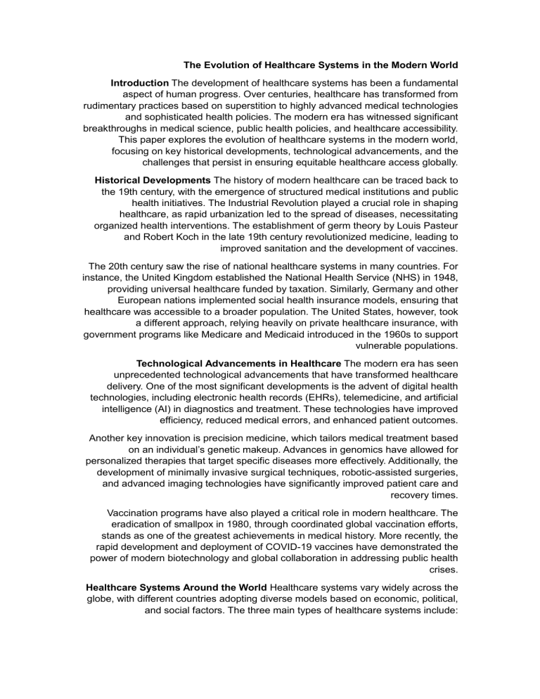 Healthcare Systems Evolution: Modern World Analysis