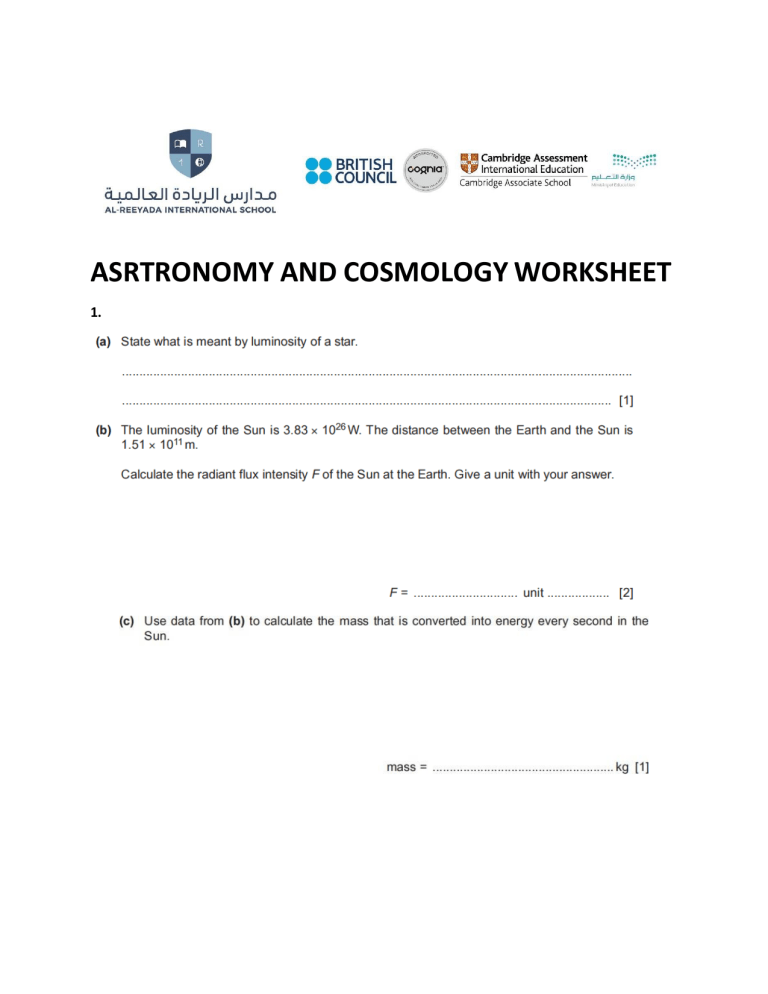 Astronomy & Cosmology Worksheet: Luminosity, Flux, Mass-Energy