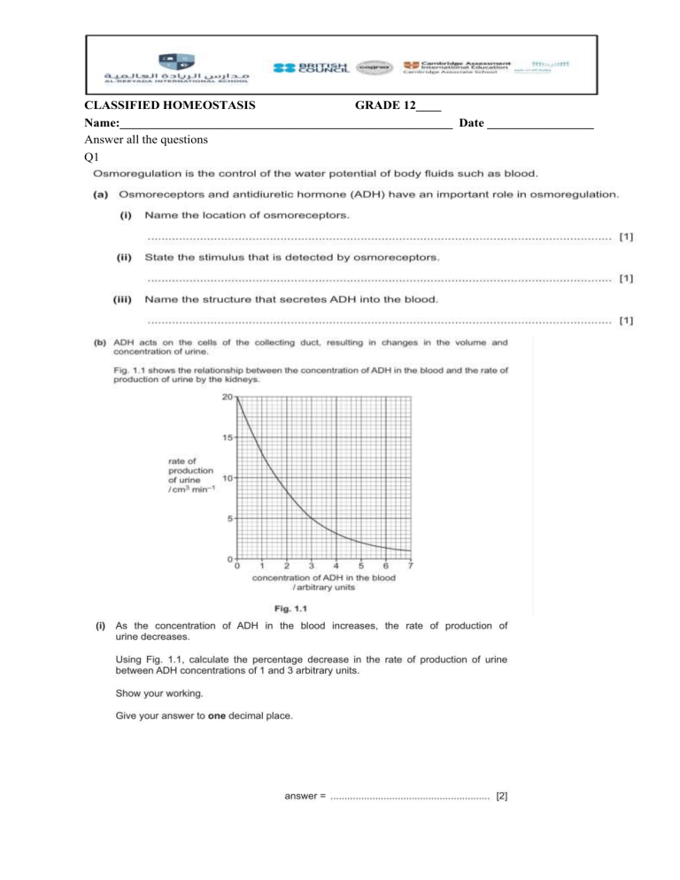 Osmoregulation Worksheet: ADH & Homeostasis