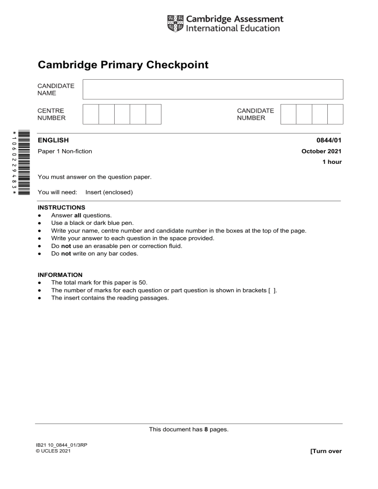 Cambridge Primary Checkpoint English Paper 1 Non-fiction