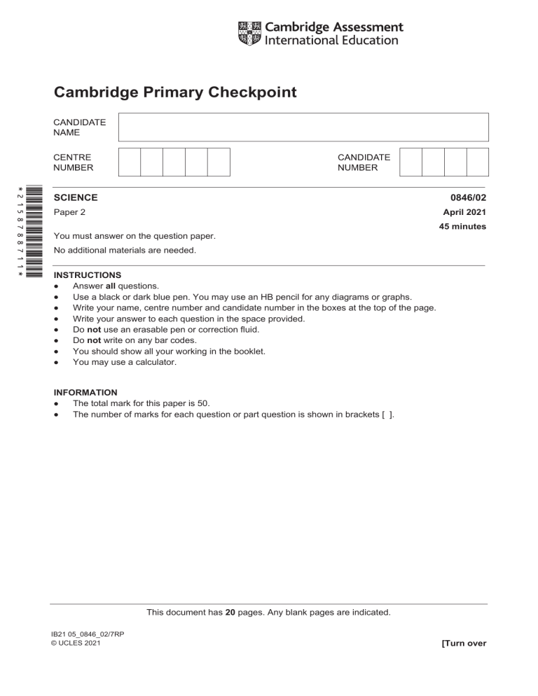 Cambridge Primary Science Checkpoint Exam Paper