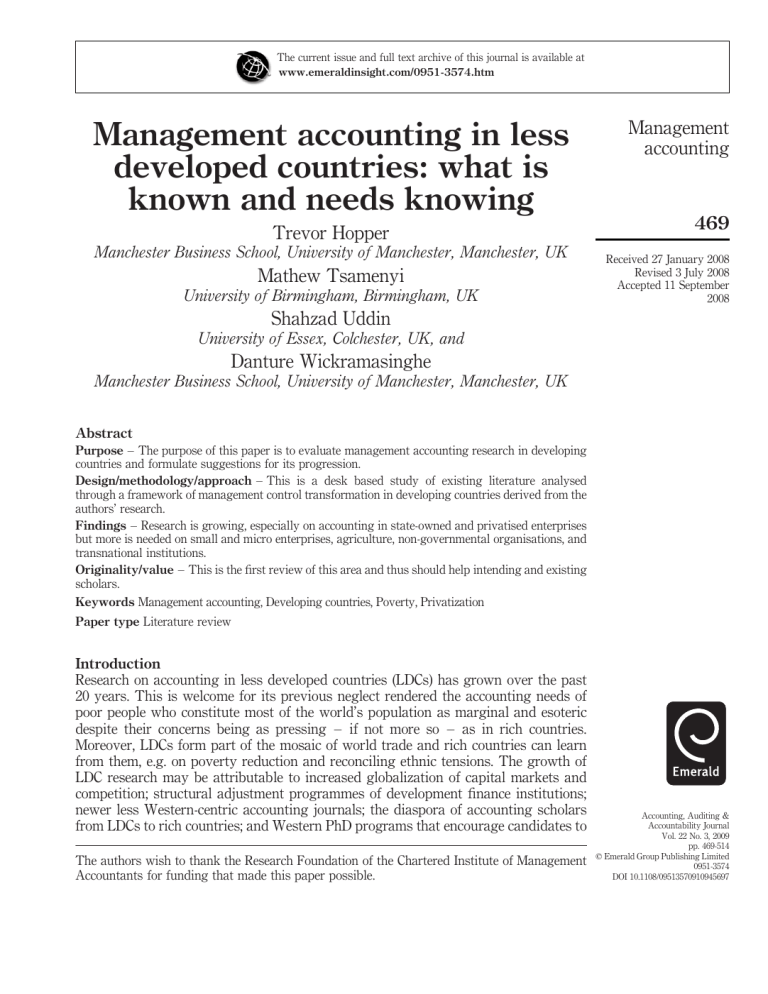 Management Accounting in Less Developed Countries: Review